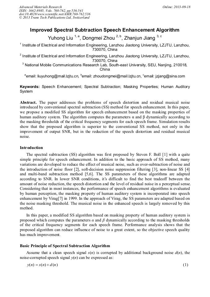 Improved Spectral Subtraction Speech Enhancement Algorithm | Scientific.Net