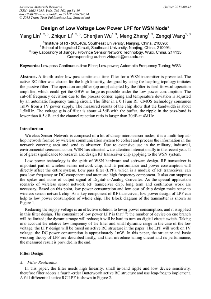 Design of Low Voltage Low Power LPF for WSN Node | Scientific.Net