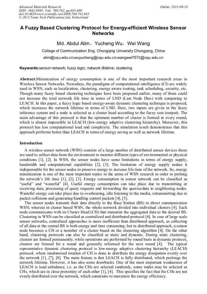 A Fuzzy Based Clustering Protocol for Energy-Efficient Wireless Sensor Networks | Scientific.Net