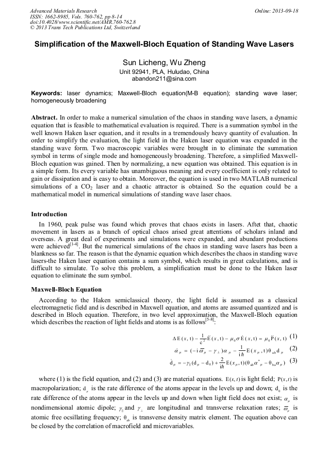 Simplification of the Maxwell-Bloch Equation of Standing Wave Lasers ...
