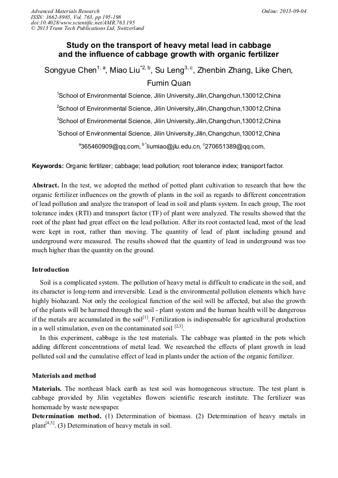 Study on the Transport of Heavy Metal Lead in Cabbage and the Influence ...