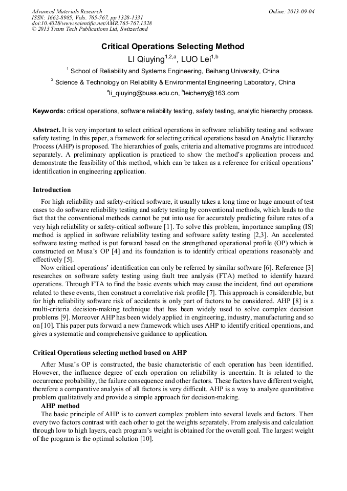 Critical Operations Selecting Method | Scientific.Net
