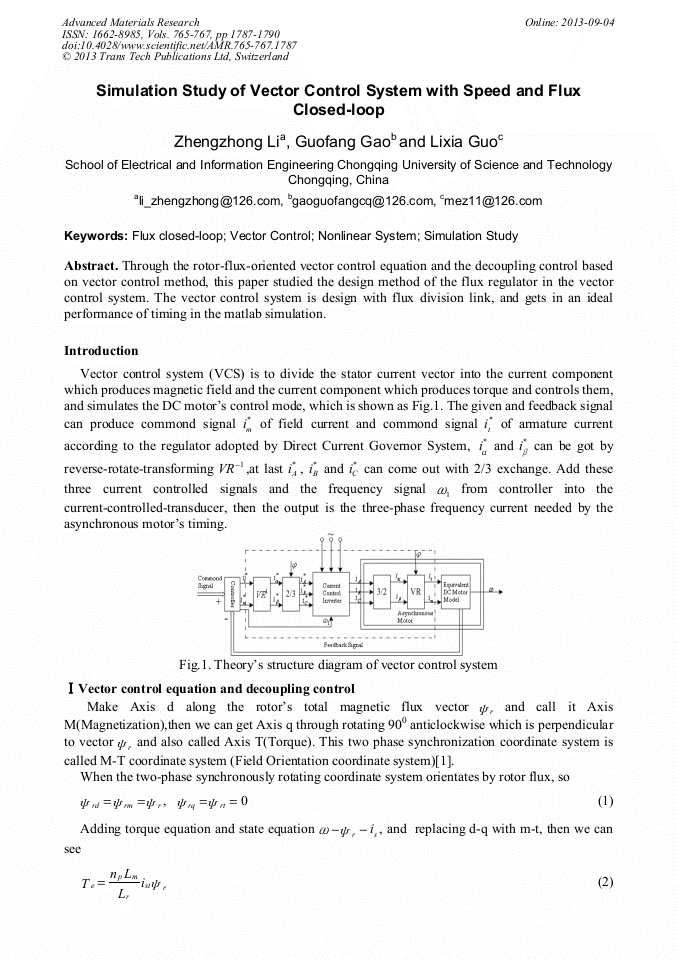 Simulation Study of Vector Control System with Speed and Flux Closed ...