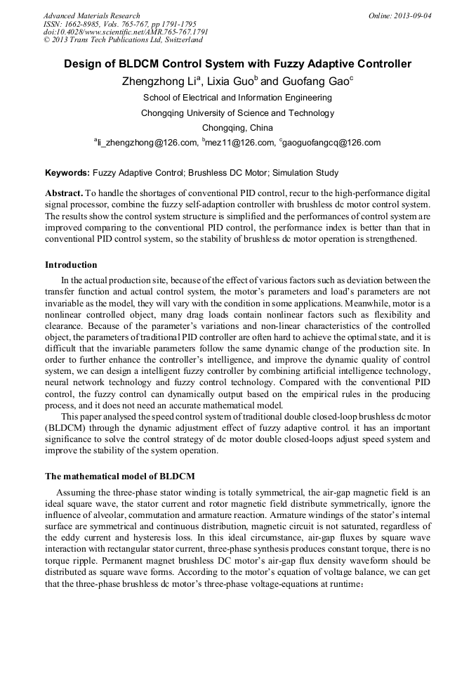 Design of BLDCM Control System with Fuzzy Adaptive Controller | Scientific.Net