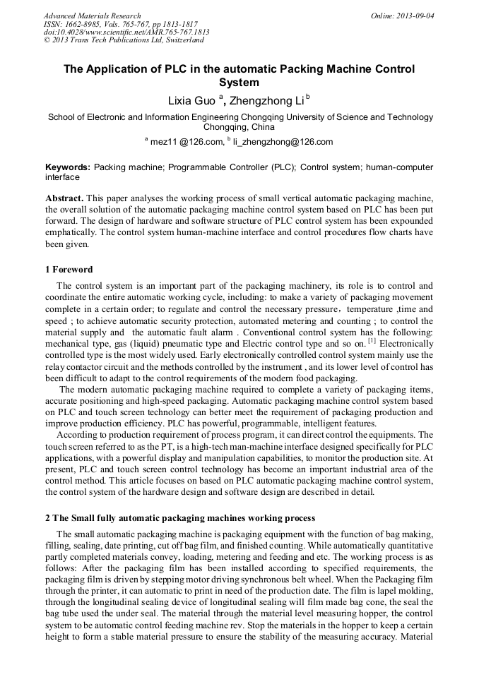 The Application of PLC in the Automatic Packing Machine Control System ...