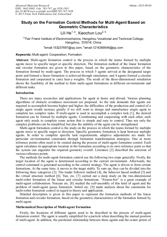 Study on the Formation Control Methods for Multi-Agent Based on ...