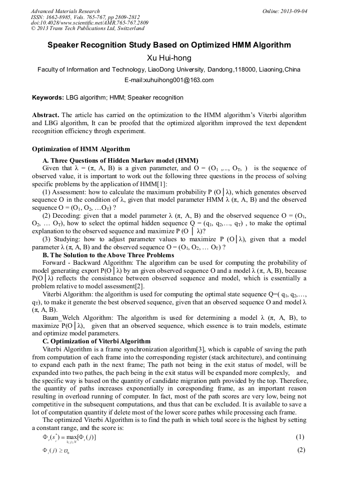 Speaker Recognition Study Based on Optimized HMM Algorithm | Scientific.Net