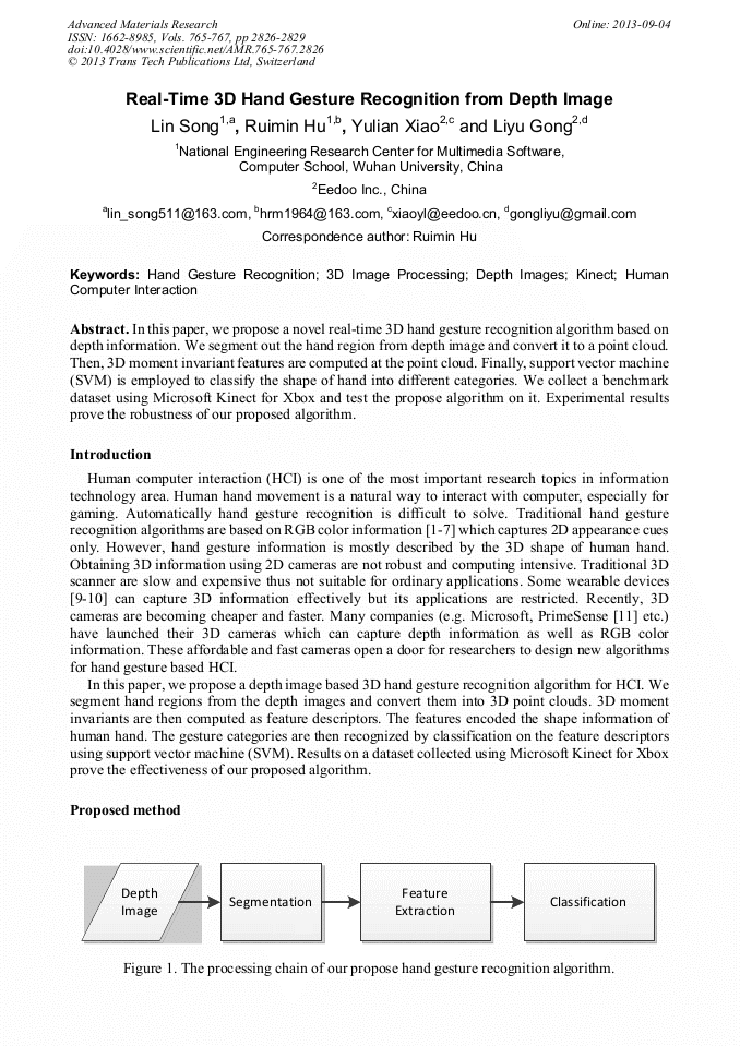 Real-Time 3D Hand Gesture Recognition from Depth Image | Scientific.Net