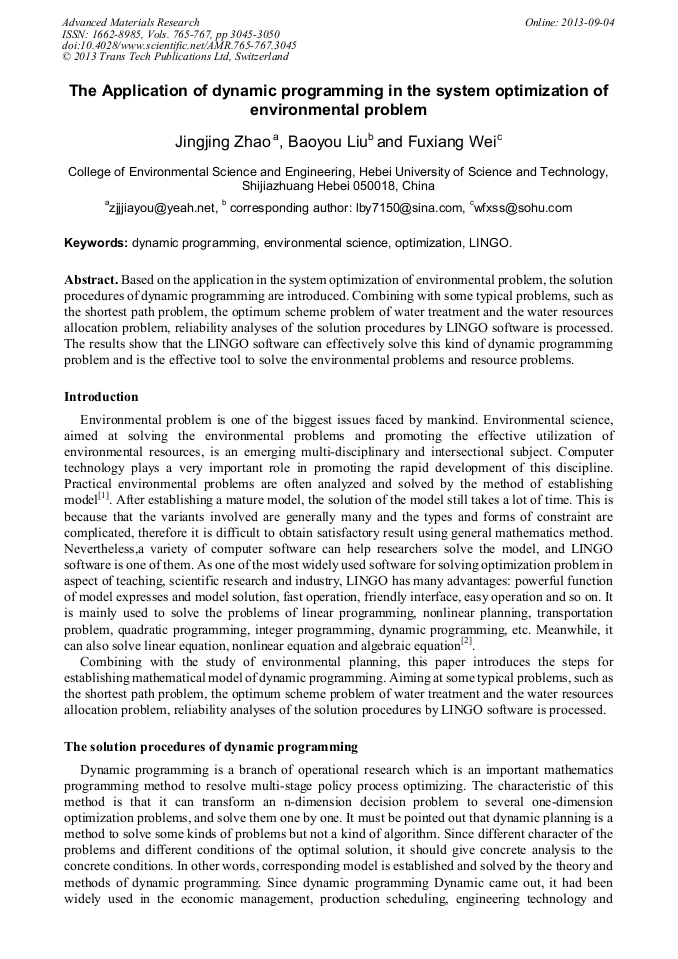 The Application of Dynamic Programming in the System Optimization of Environmental Problem ...