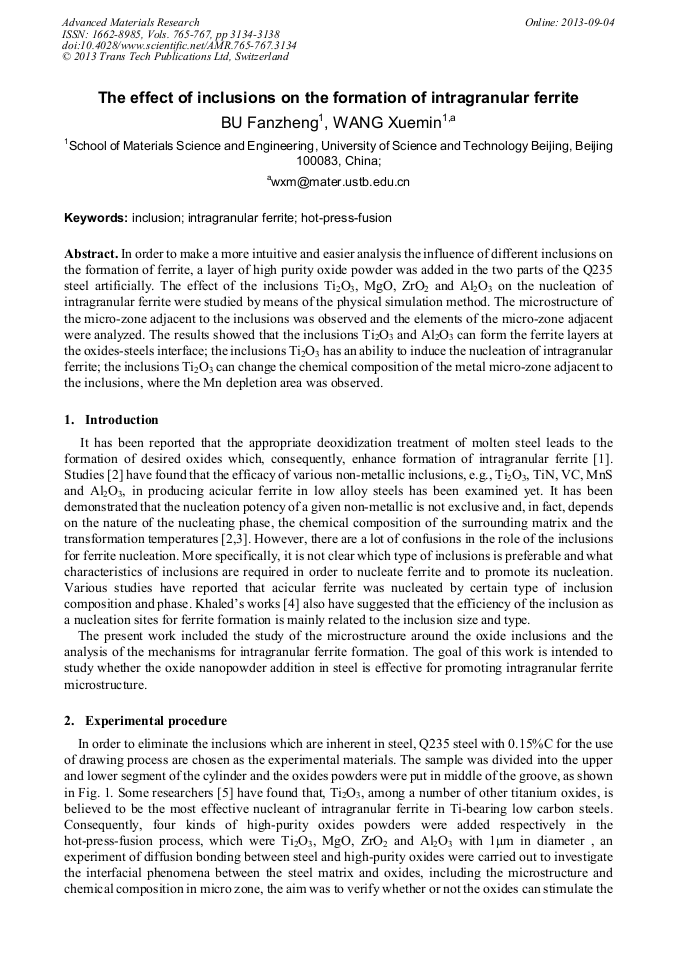 The Effect of Inclusions on the Formation of Intragranular Ferrite ...