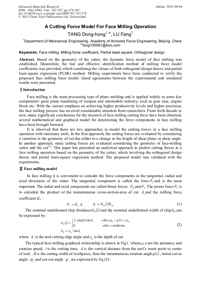 A Cutting Force Model for Face Milling Operation | Scientific.Net