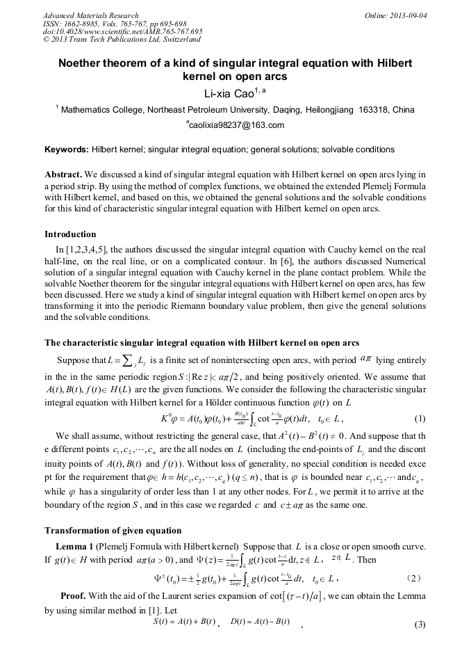 Noether Theorem of a Kind of Singular Integral Equation with Hilbert ...