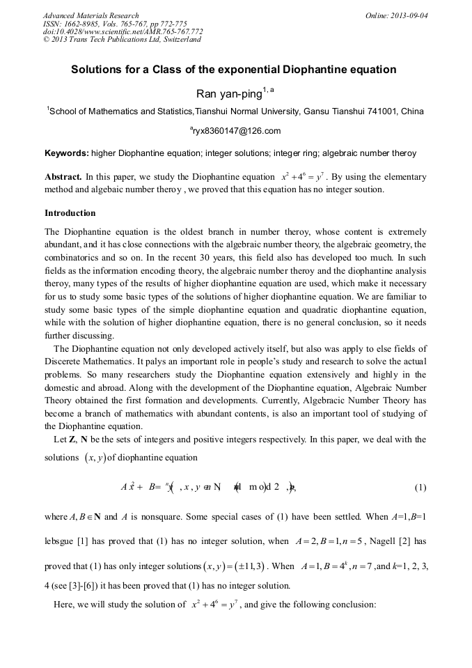 Solutions for a Class of the Exponential Diophantine Equation ...