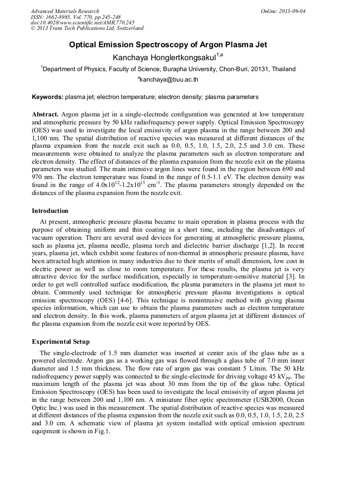Optical Emission Spectroscopy of Argon Plasma Jet | Scientific.Net