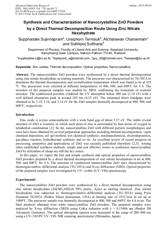 Synthesis and Characterization of Nanocrystalline ZnO Powders by a ...