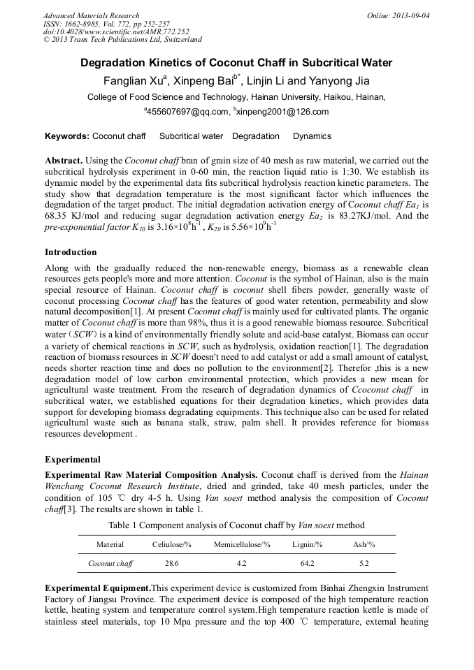 Degradation Kinetics of Coconut Chaff in Subcritical Water | Scientific.Net