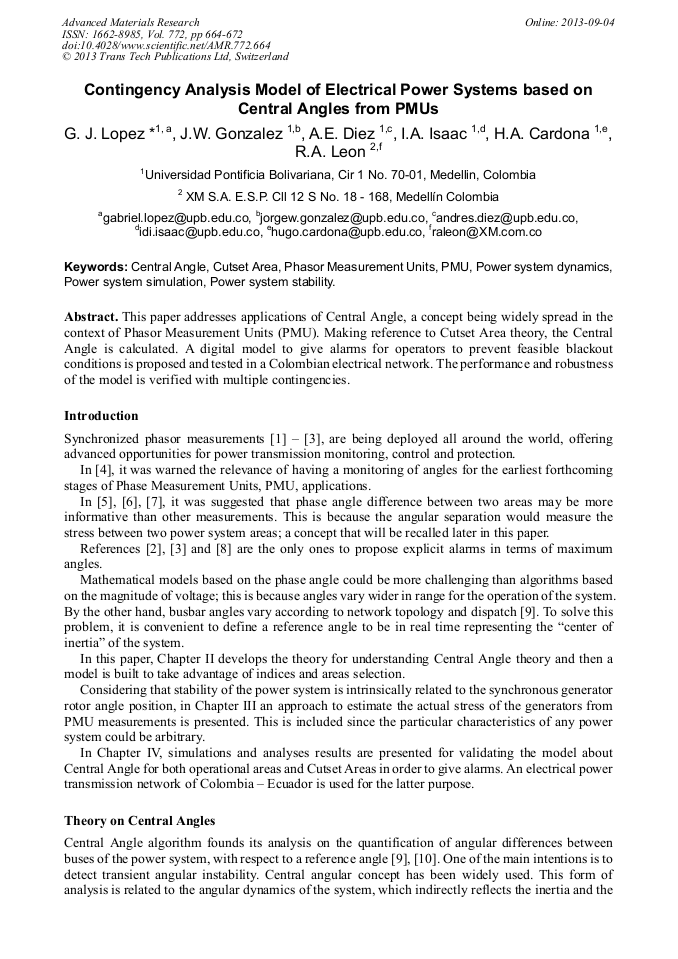 Contingency Analysis Model of Electrical Power Systems Based on Central ...