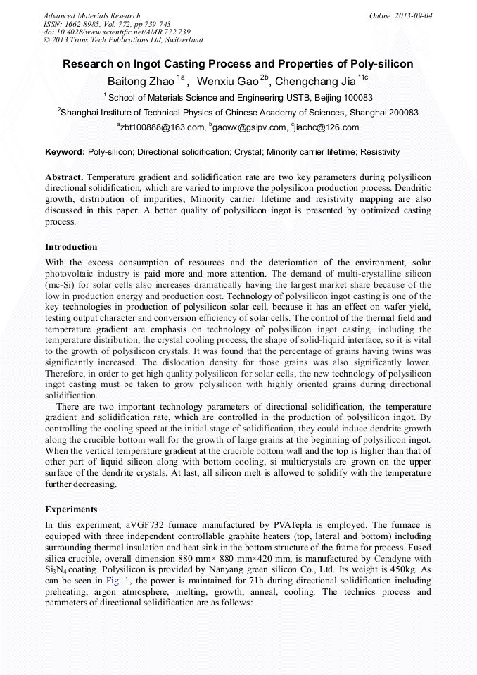 Research on Ingot Casting Process and Properties of Poly-Silicon ...