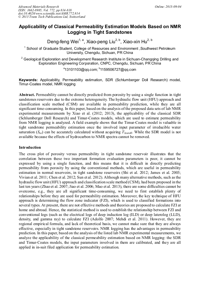 Applicability of Classical Permeability Estimation Models Based on NMR ...