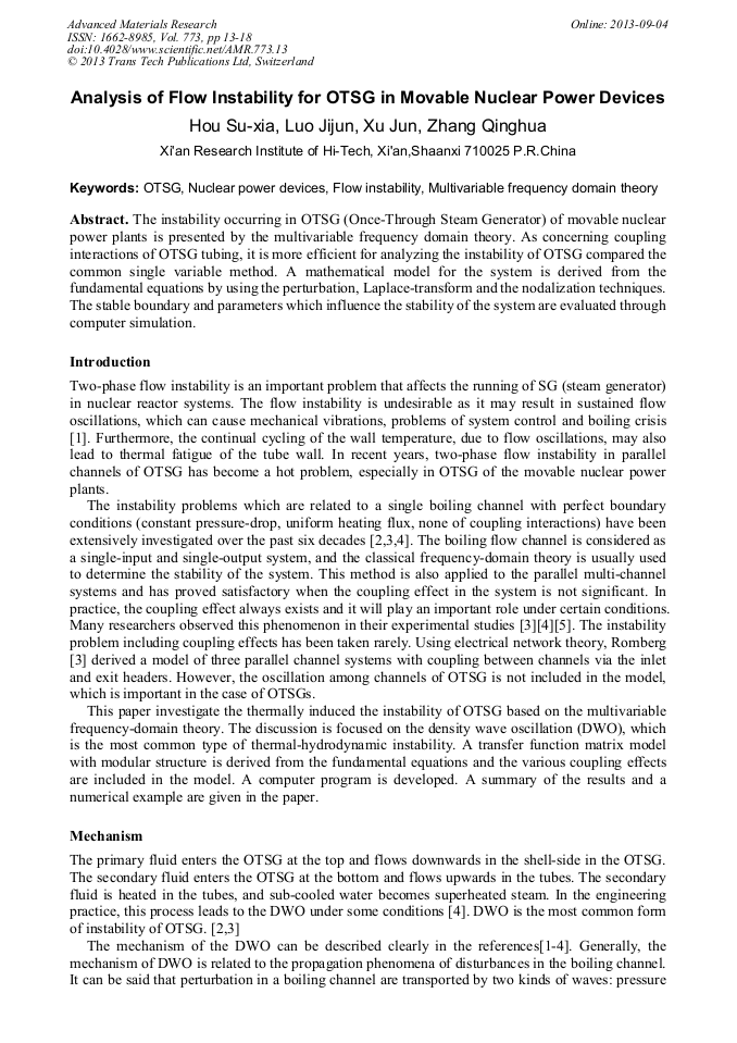 Analysis of Flow Instability for OTSG in Movable Nuclear Power Devices ...