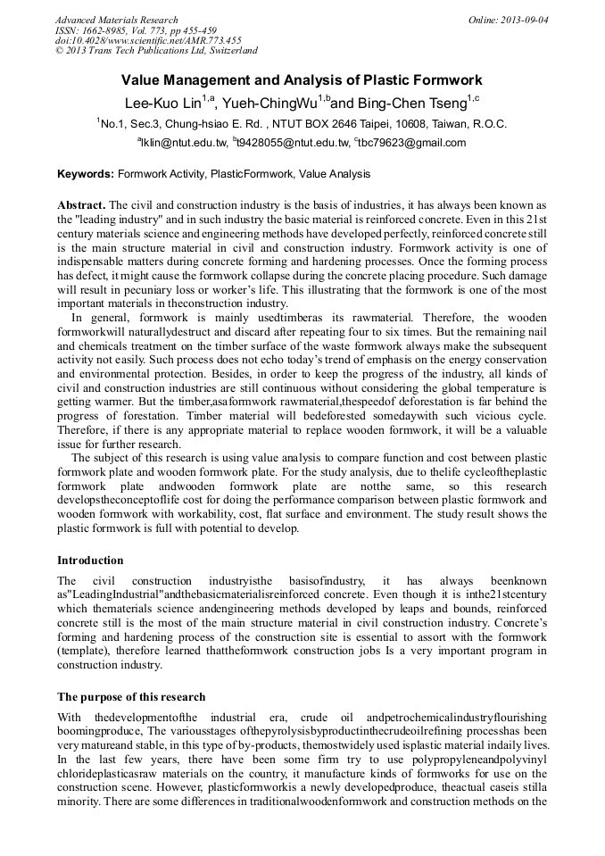 Value Management and Analysis of Plastic Formwork | Scientific.Net