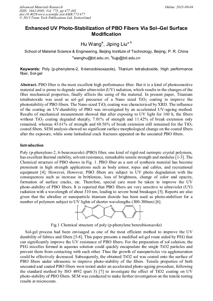 Enhanced UV Photo-Stabilization of PBO Fibers via Sol-Gel Surface ...
