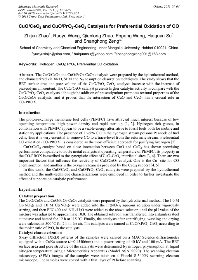 CuO/CeO2 and CuO/PrO2-CeO2 Catalysts for Preferential Oxidation of CO ...