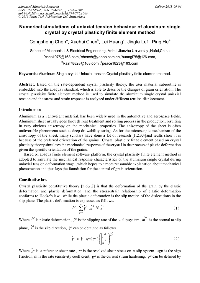 Numerical Simulations of Uniaxial Tension Behaviour of Aluminum Single ...