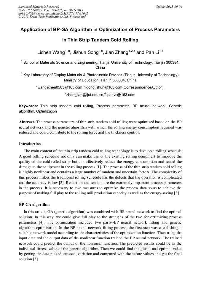 Application of BP-GA Algorithm in Optimization of Process Parameters in ...