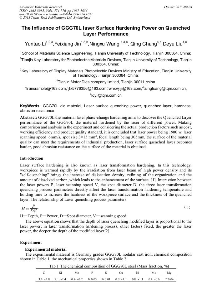 The Influence of GGG70L Laser Surface Hardening Power on Quenched Layer ...