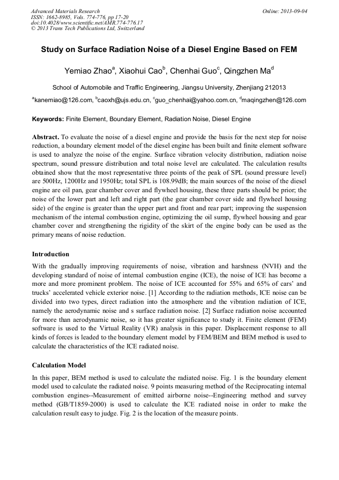Study on Surface Radiation Noise of a Diesel Engine Based on FEM ...