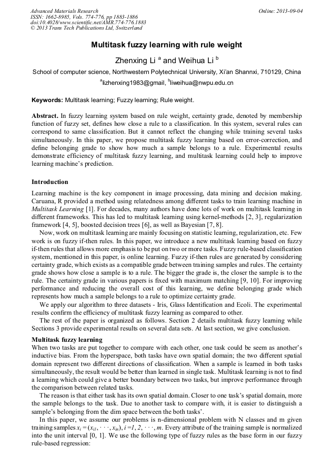 Multitask Fuzzy Learning with Rule Weight | Scientific.Net