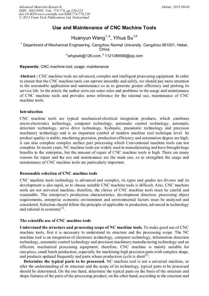 Use and Maintenance of CNC Machine Tools | Scientific.Net