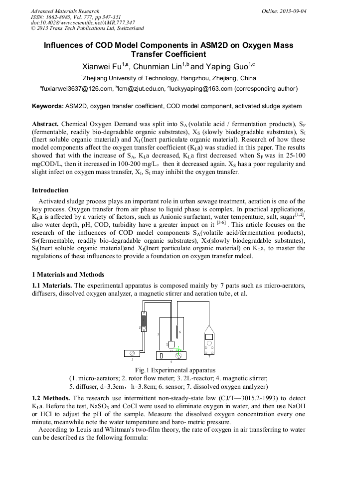 Influences of COD Model Components in ASM2D on Oxygen Mass Transfer ...