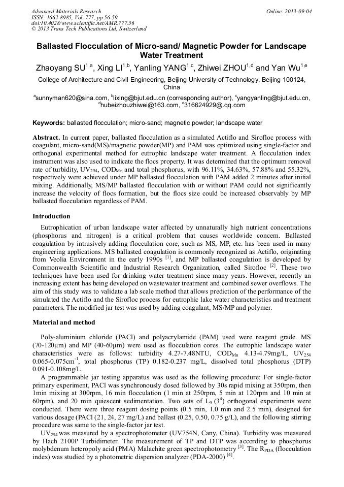 Ballasted Flocculation of Micro-Sand/Magnetic Powder for Landscape ...
