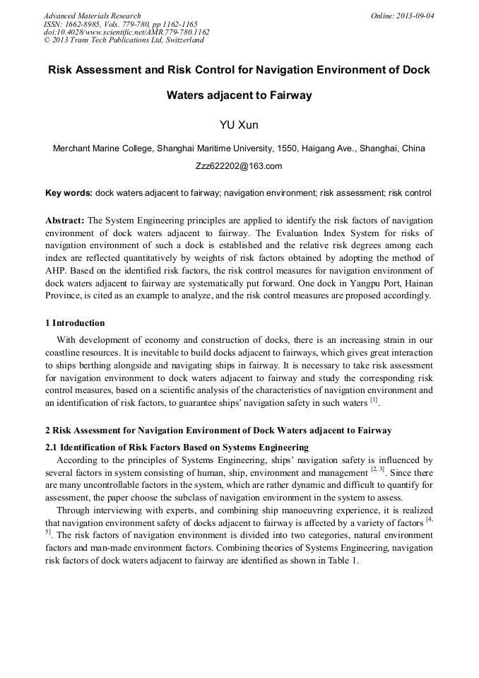 Risk Assessment and Risk Control for Navigation Environment of Dock ...
