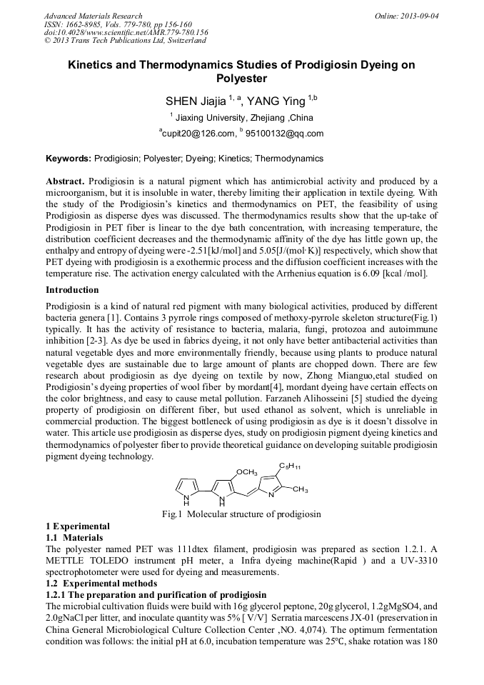 Kinetics and Thermodynamics Studies of Prodigiosin Dyeing on Polyester ...