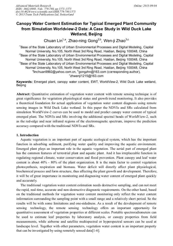Canopy Water Content Estimation for Typical Emerged Plant Community ...