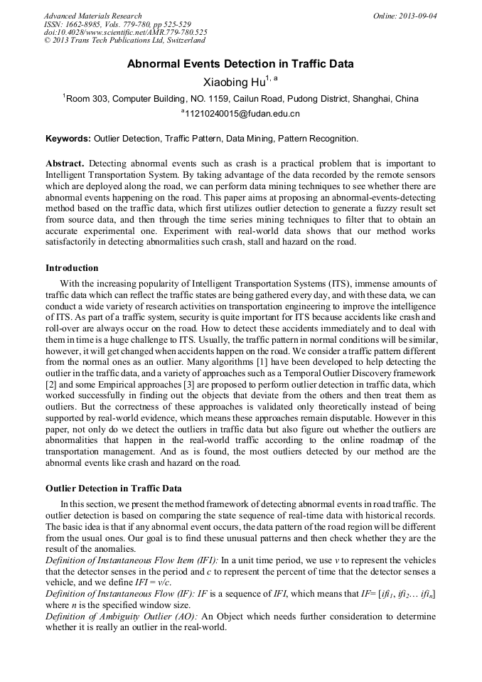 Abnormal Events Detection In Traffic Data Scientific Net