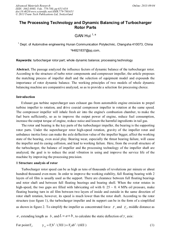 The Processing Technology and Dynamic Balancing of Turbocharger Rotor ...