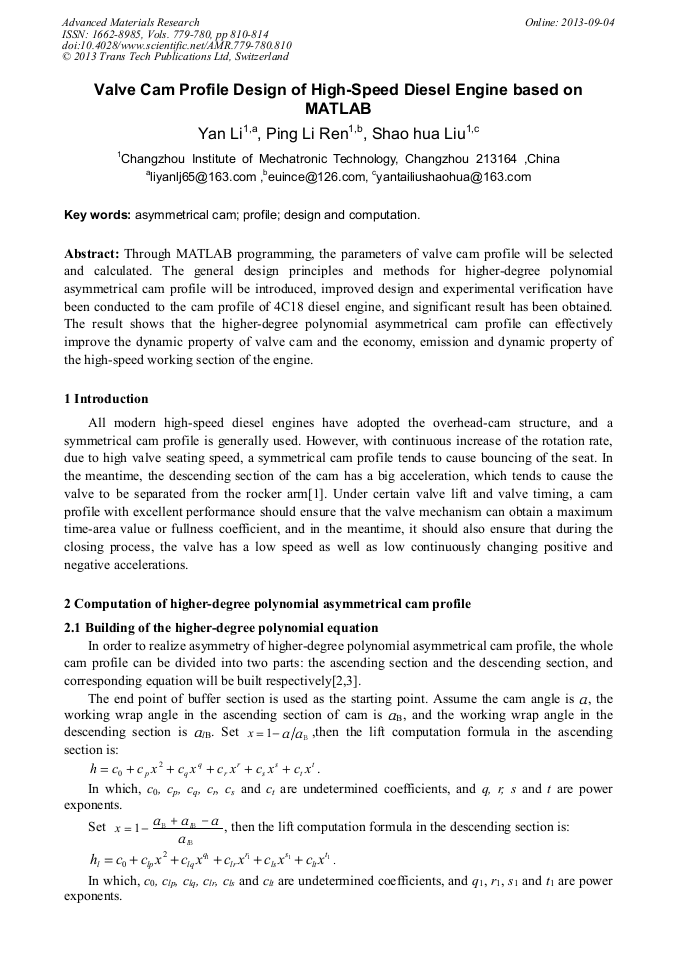 Valve Cam Profile Design of High-Speed Diesel Engine Based on MATLAB ...