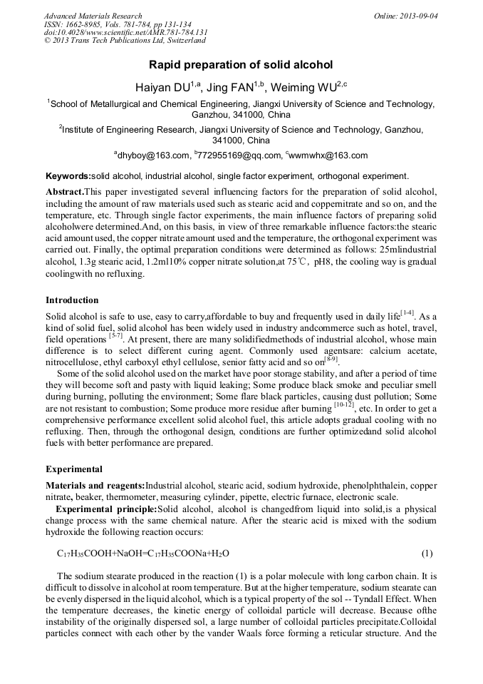 Rapid Preparation of Solid Alcohol | Scientific.Net