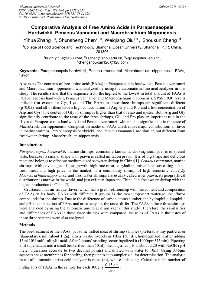 Comparative Analysis of Free Amino Acids in Parapenaeopsis hardwickii ...