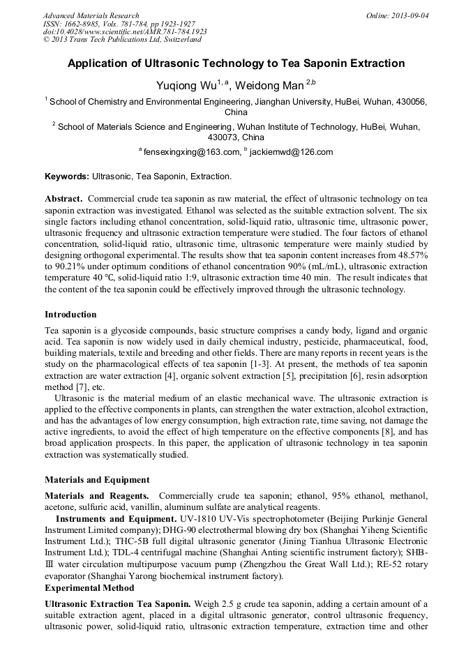 Application of Ultrasonic Technology to Tea Saponin Extraction ...