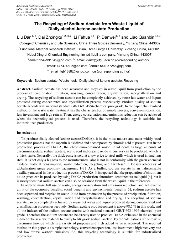 The Recycling of Sodium Acetate from Waste Liquid of Dially-Alcohol ...