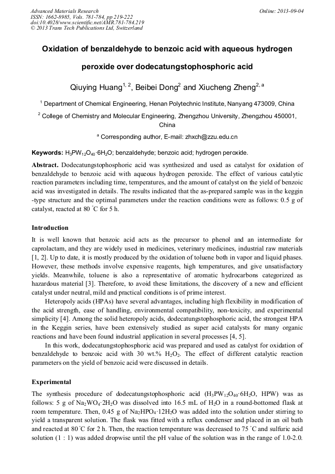 Oxidation of Benzaldehyde to Benzoic Acid with Aqueous Hydrogen ...