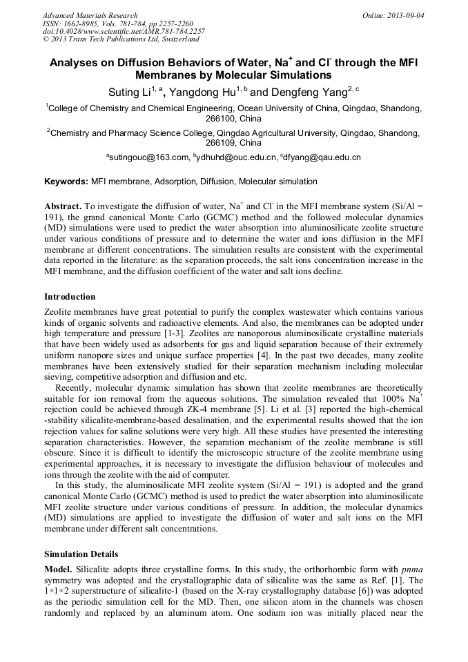 Analyses on Diffusion Behaviors of Water, Na+ and Cl- through the MFI ...