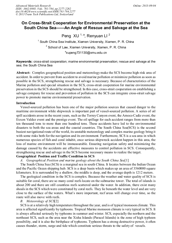 On Cross-Strait Cooperation for Environmental Preservation at the South ...