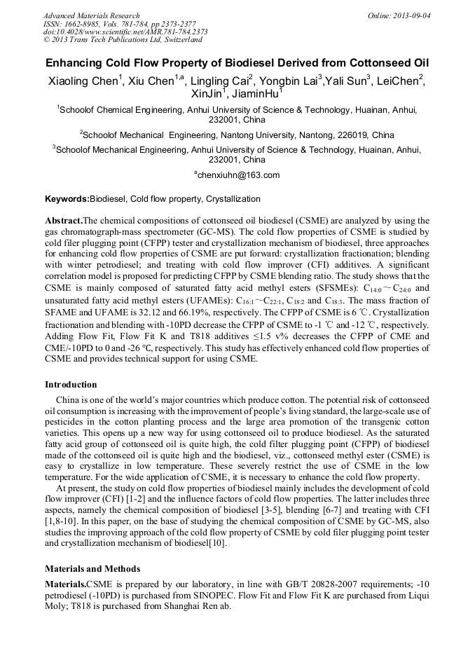 Enhancing Cold Flow Property of Biodiesel Derived from Cottonseed Oil ...