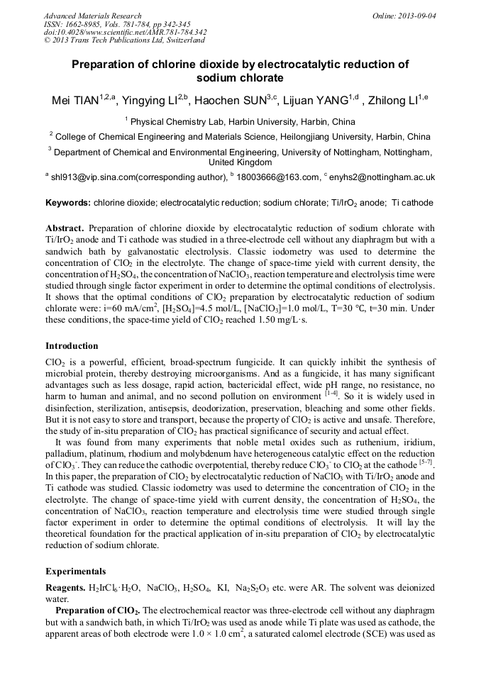 Preparation of Chlorine Dioxide by Electrocatalytic Reduction of Sodium ...